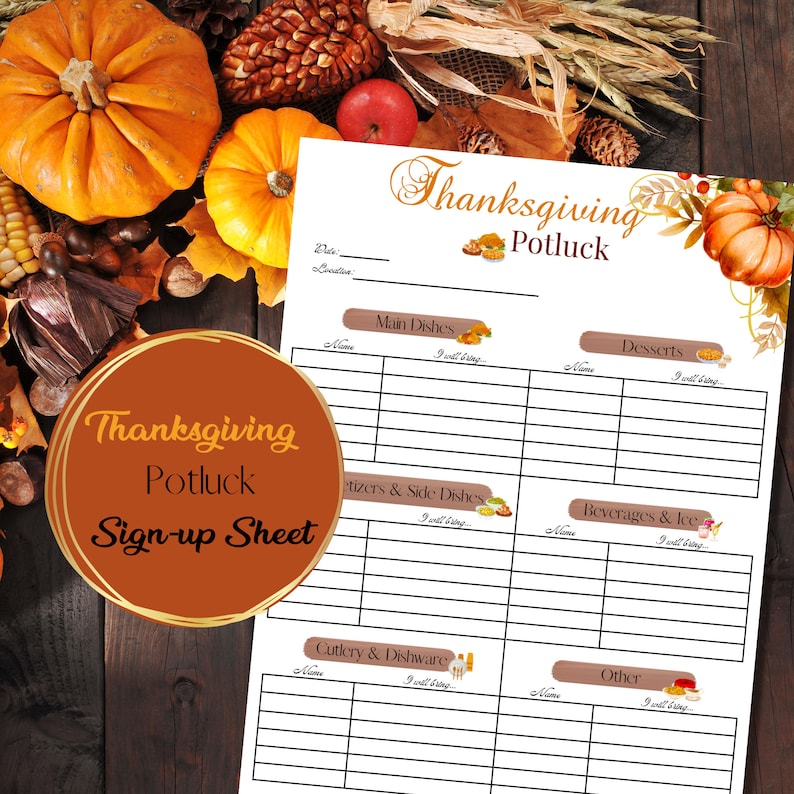 Thanksgiving Potluck Sign-up Sheet, Thanksgiving Digital Print ...