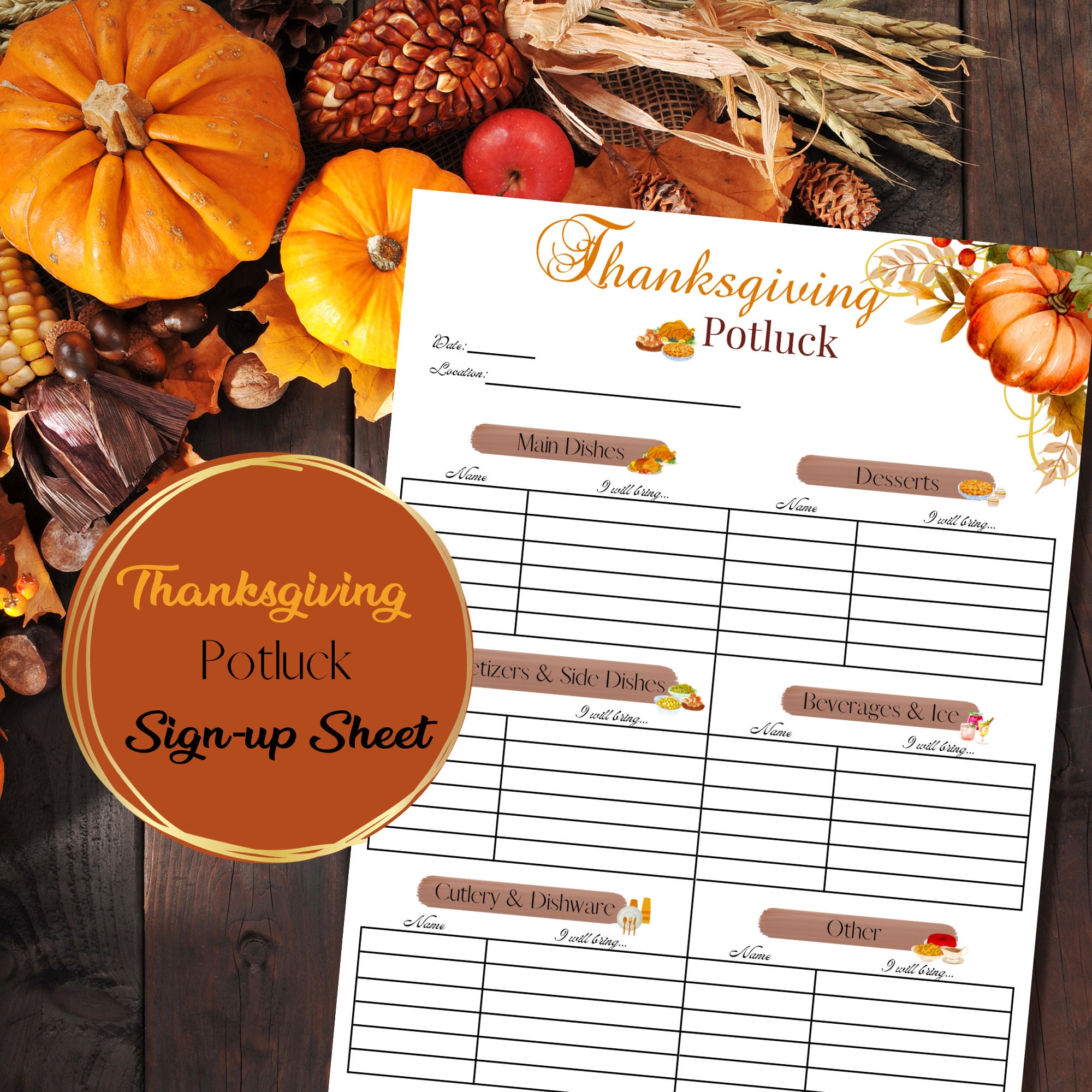 Thanksgiving Potluck Sign-up Sheet, Thanksgiving Digital Print ...