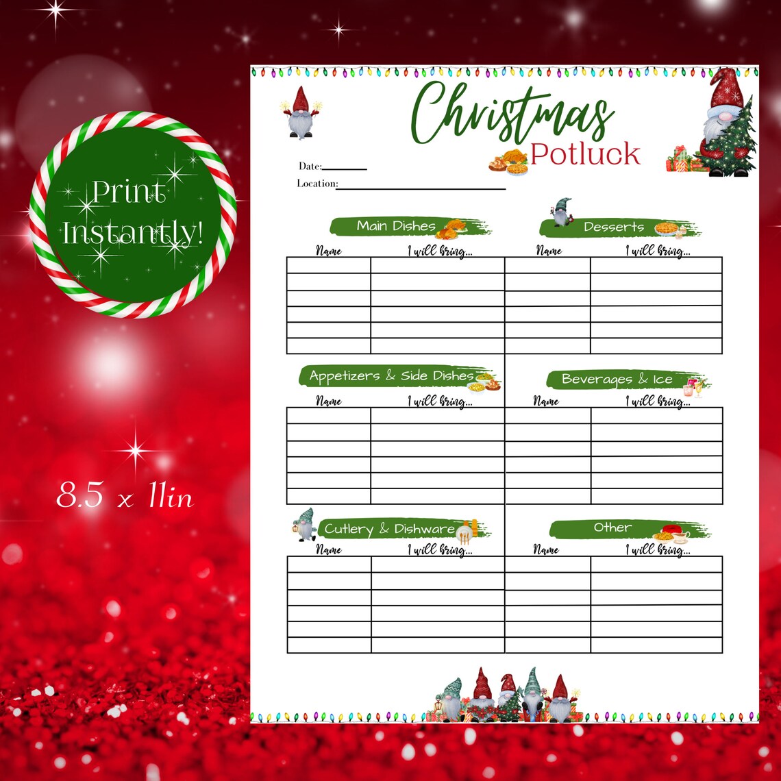 Christmas Potluck Sign-up Sheet, Cookout, Printable, Digital Prints - Etsy