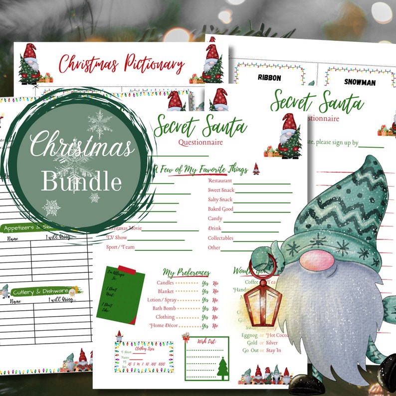 Christmas Printable Bundle, Gnomes, Secret Santa Questionnaire, Sign up ...