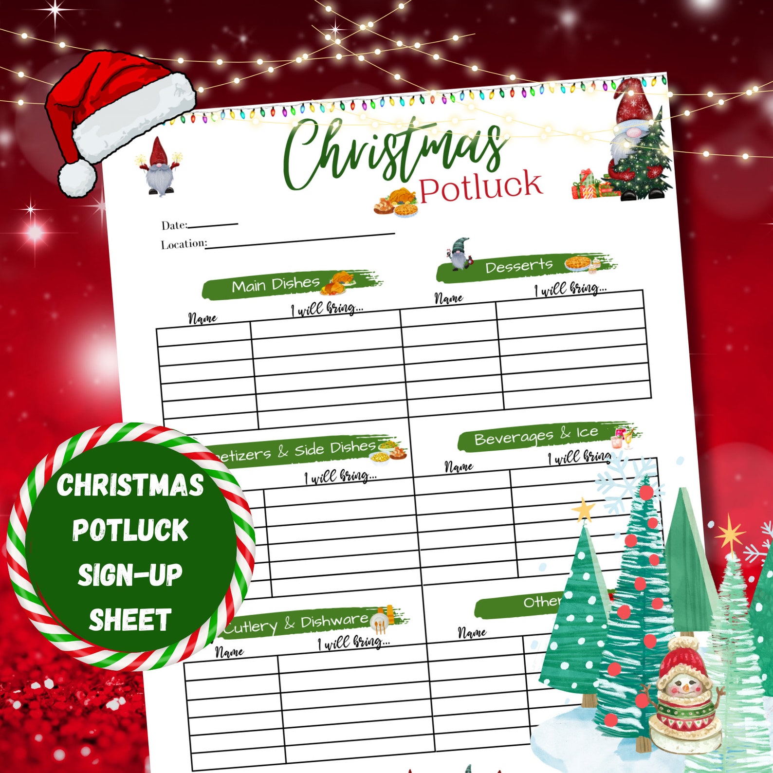 Christmas Potluck Sign-up Sheet, Cookout, Printable, Digital Prints - Etsy