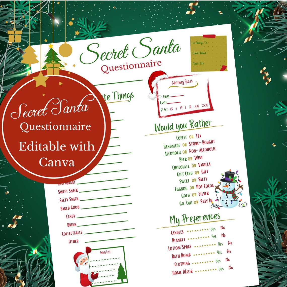 Editable Secret Santa Questionnaire, Canva, Printable, Digital ...