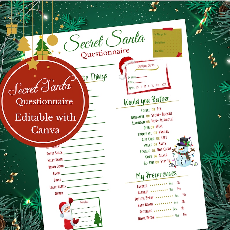 Editable Secret Santa Questionnaire, Canva, Printable, Digital ...