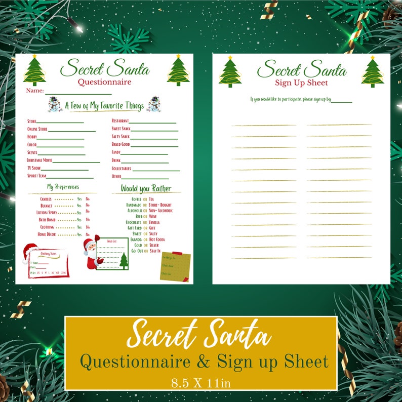 Secret Santa Questionnaire and Sign up Sheet, Christmas, Printable ...