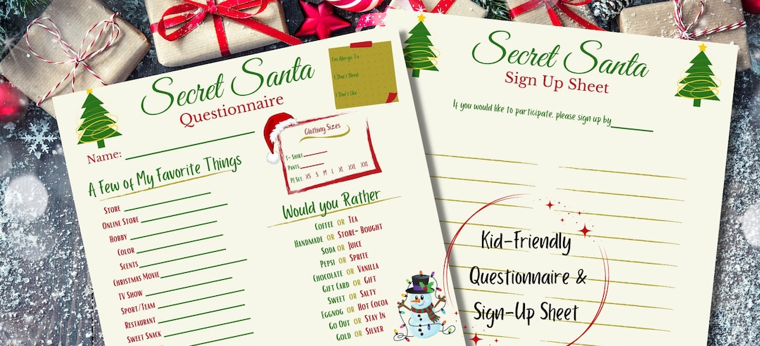 Kid-friendly Secret Santa Questionnaire & Sign up Sheet - Etsy