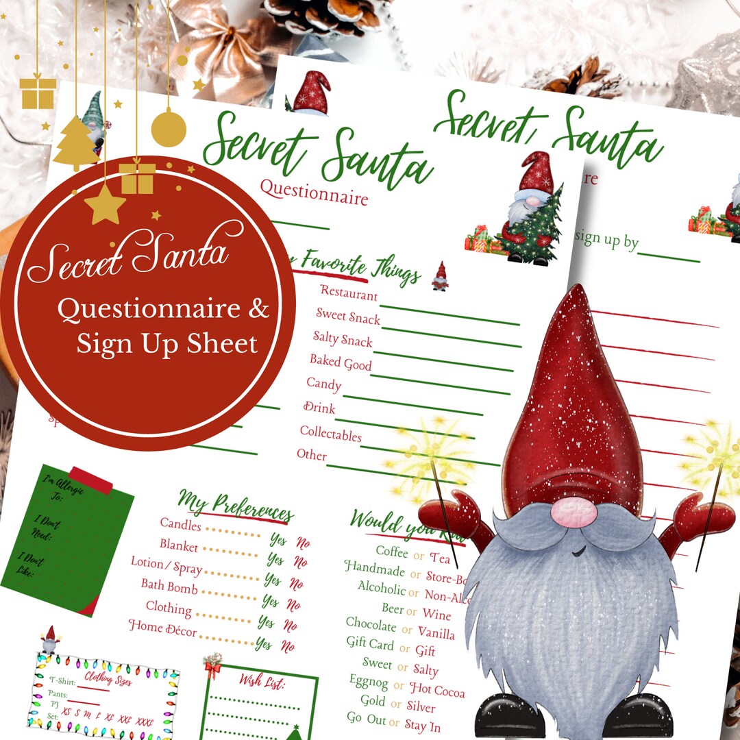 Secret Santa Questionnaire and Sign up Sheet, Gnomes, Digital Print ...