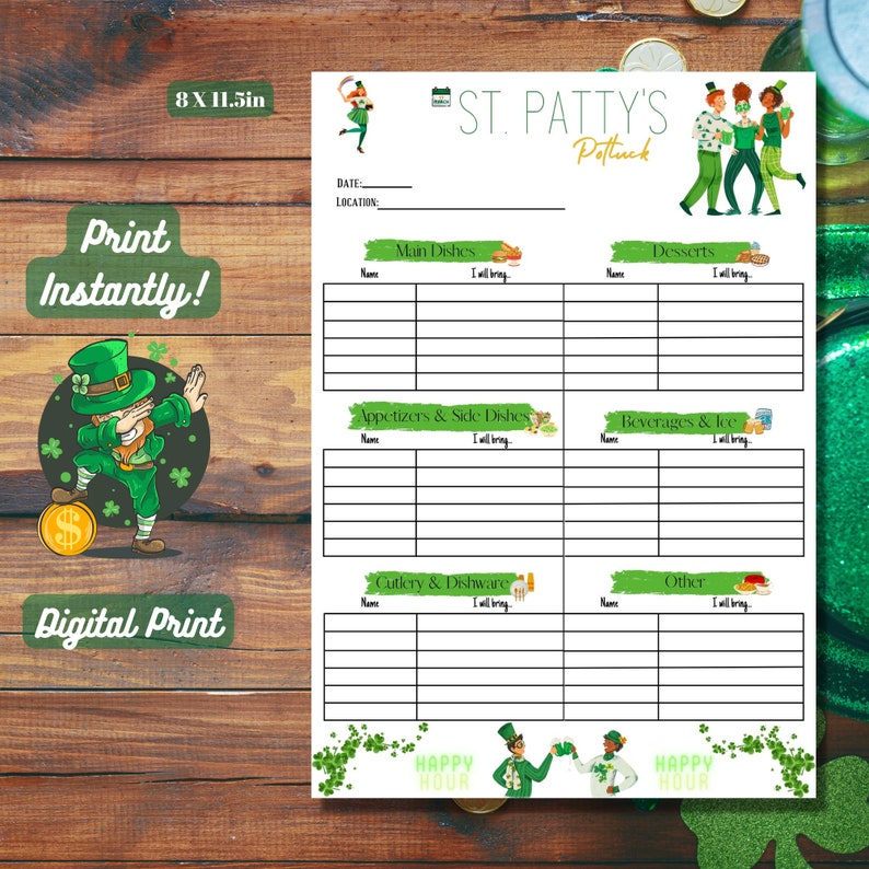 St. Patrick's Day Potluck Sign-up Sheet, Digital Print, Printable, St ...