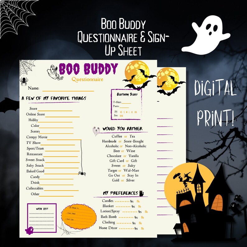 Boo Buddy Questionnaire, Gift Exchange Questionnaire, Halloween, Sign ...