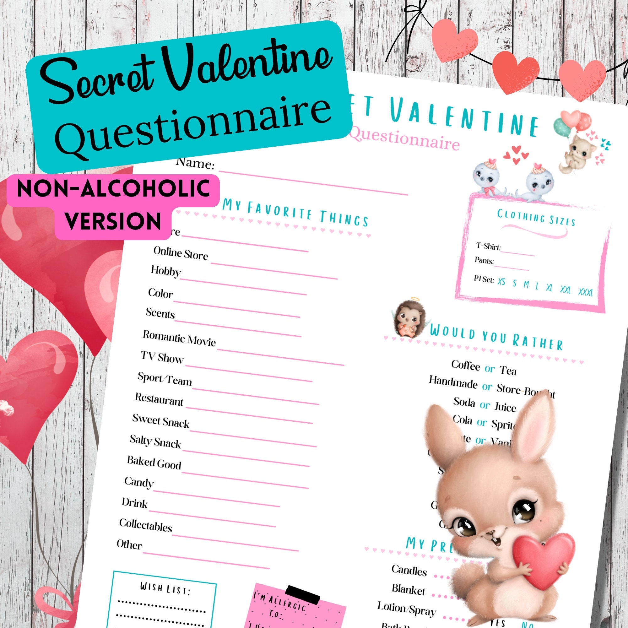Valentine's Day Questionnaire, Non-alcoholic, Printable, Digital Print ...