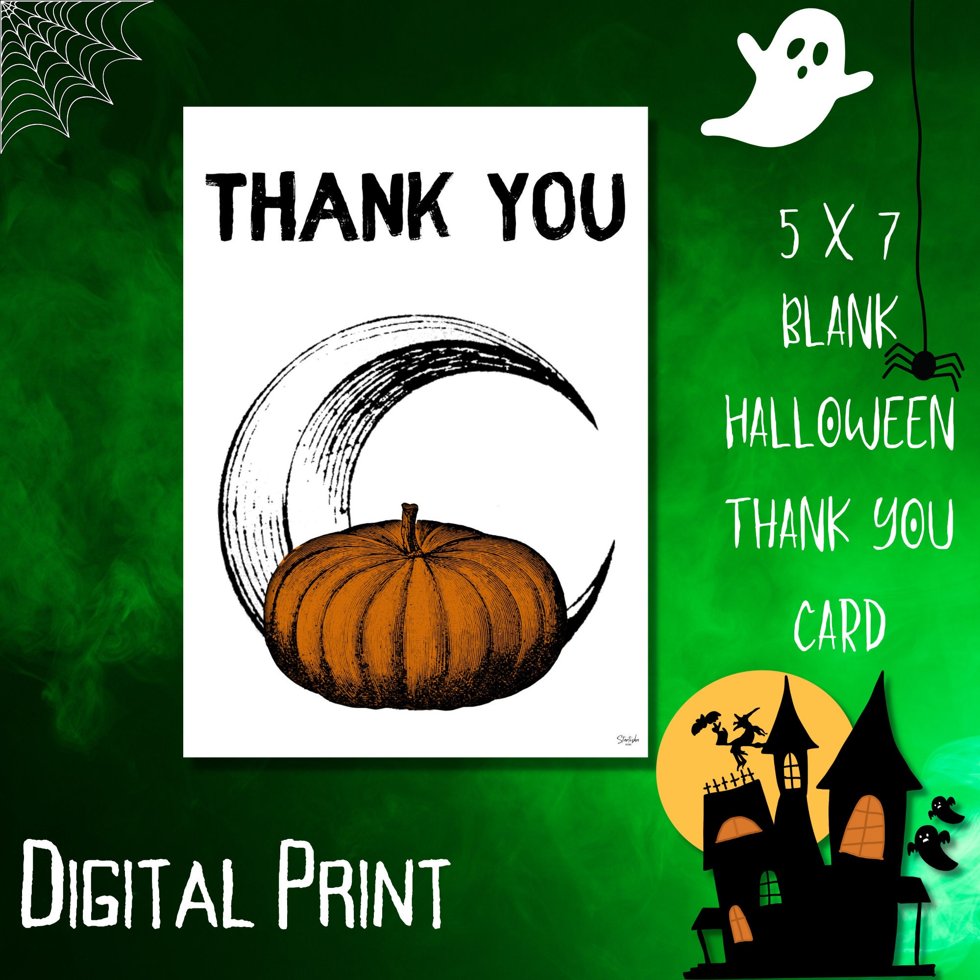 Halloween Thank You Card, Printable, Digital Print, Pumpkin, Moon ...