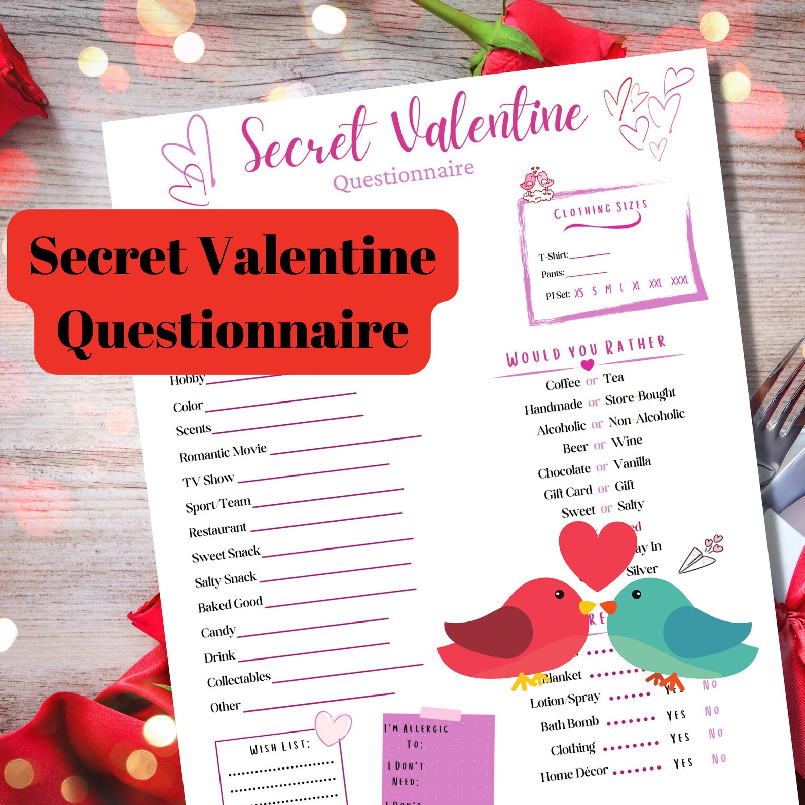 Secret Valentine Questionnaire, Digital Print, Printable, Valentine's ...