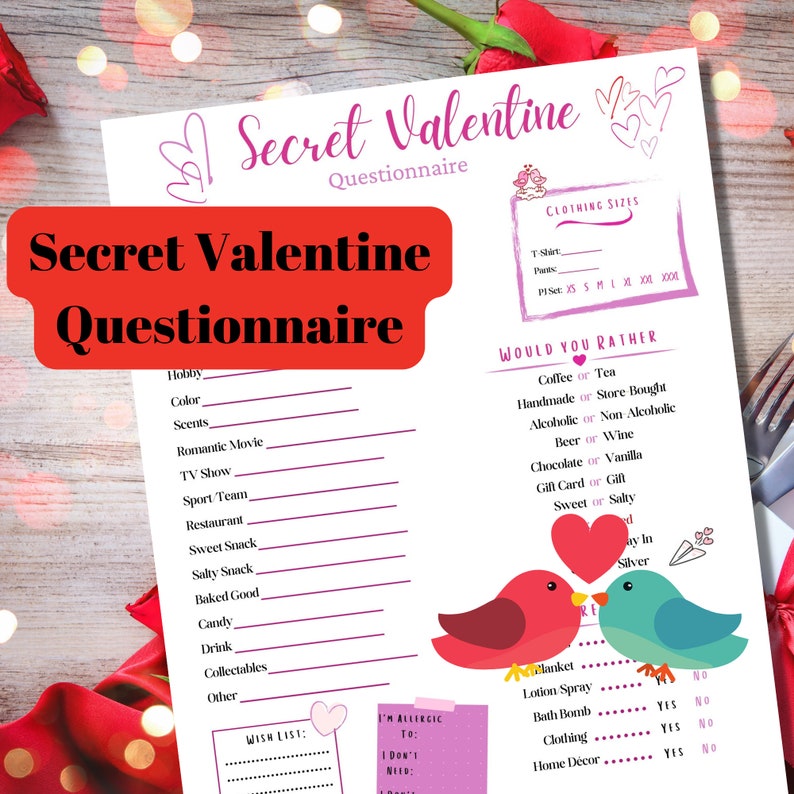 Secret Valentine Questionnaire, Digital Print, Printable, Valentine's ...