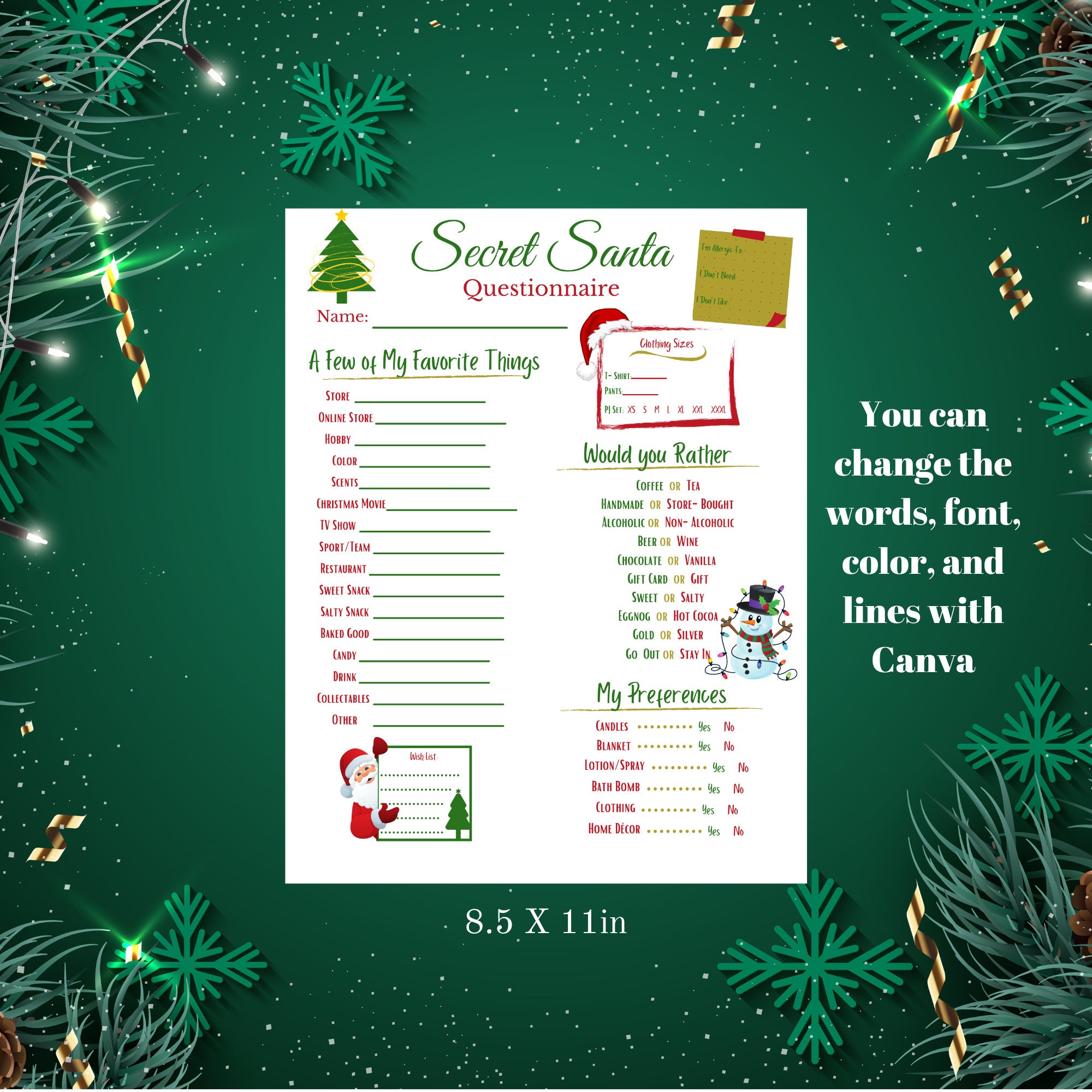 Editable Secret Santa Questionnaire, Canva, Printable, Digital ...