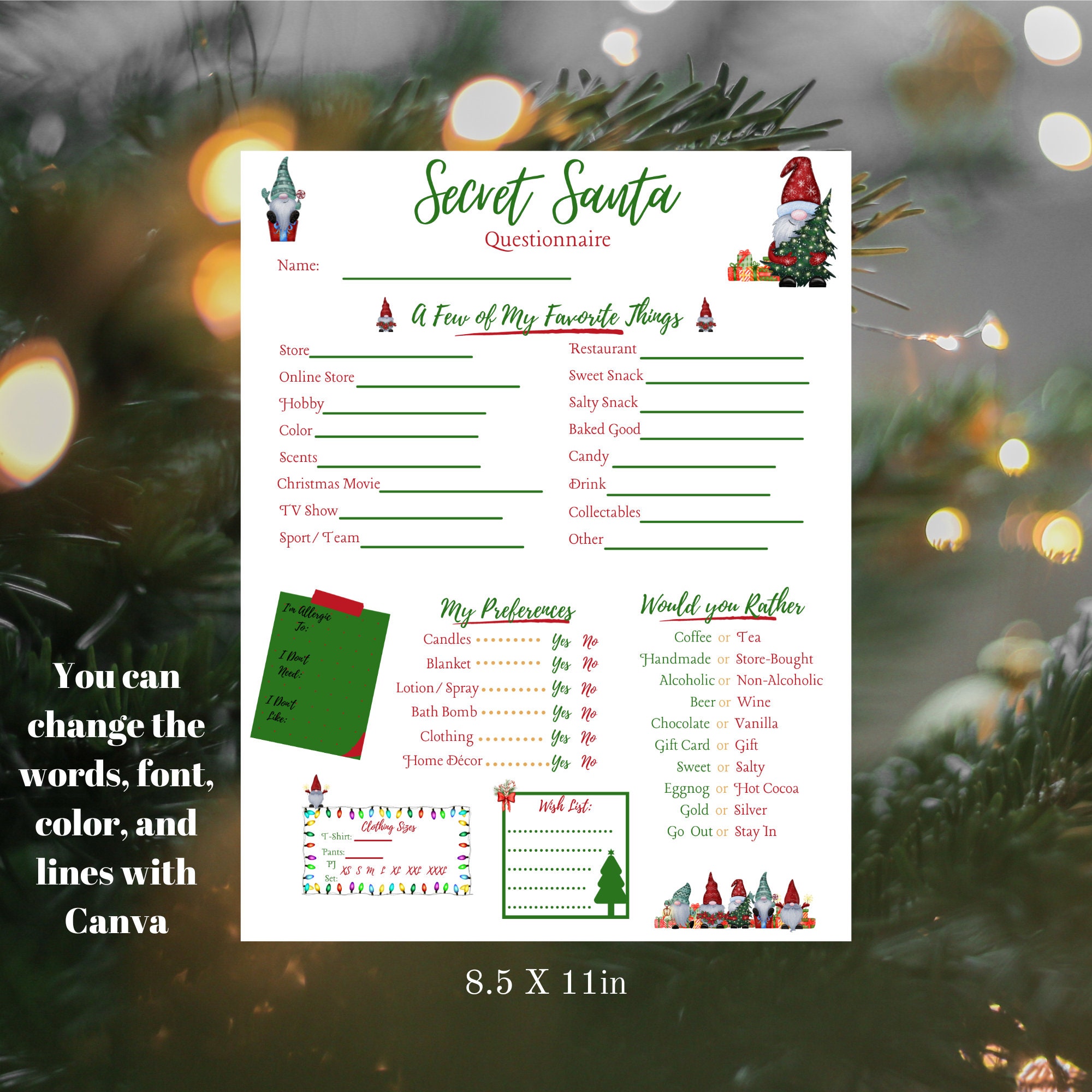 Editable Secret Santa Questionnaire Printable, Canva, Gift Exchange ...