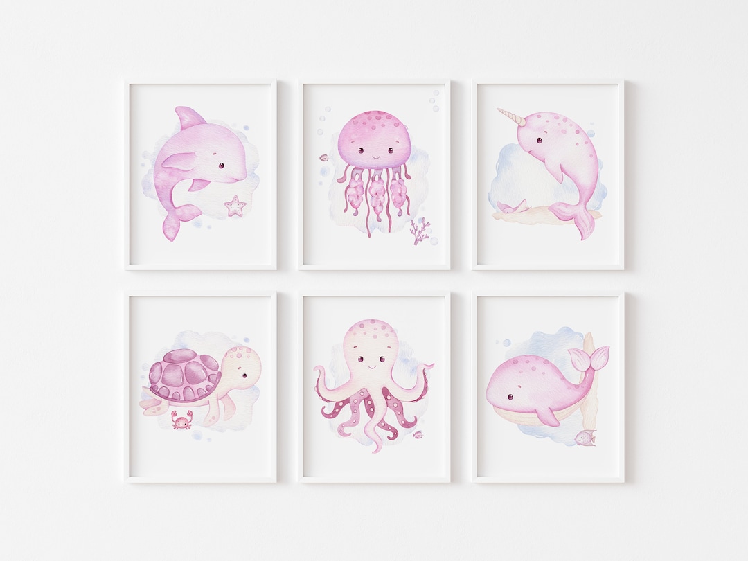 Set of 6,girls Room Wall Art,under the Sea Prints,ocean Animal Prints ...