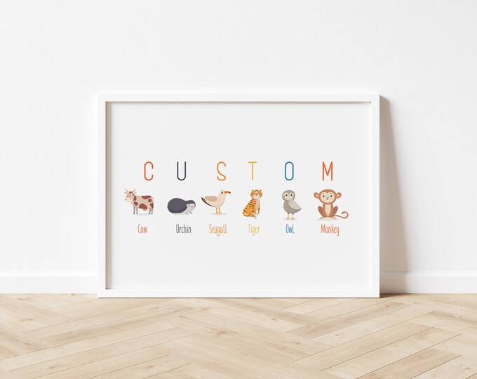 Custom Animal Name Print,nursery Wall Art,animal Alphabet,nursery Name ...