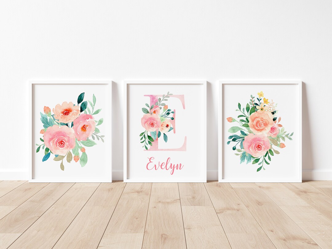Set of 3,pink Watercolor Flowers Printable,nursery Decor Girl,nursery ...