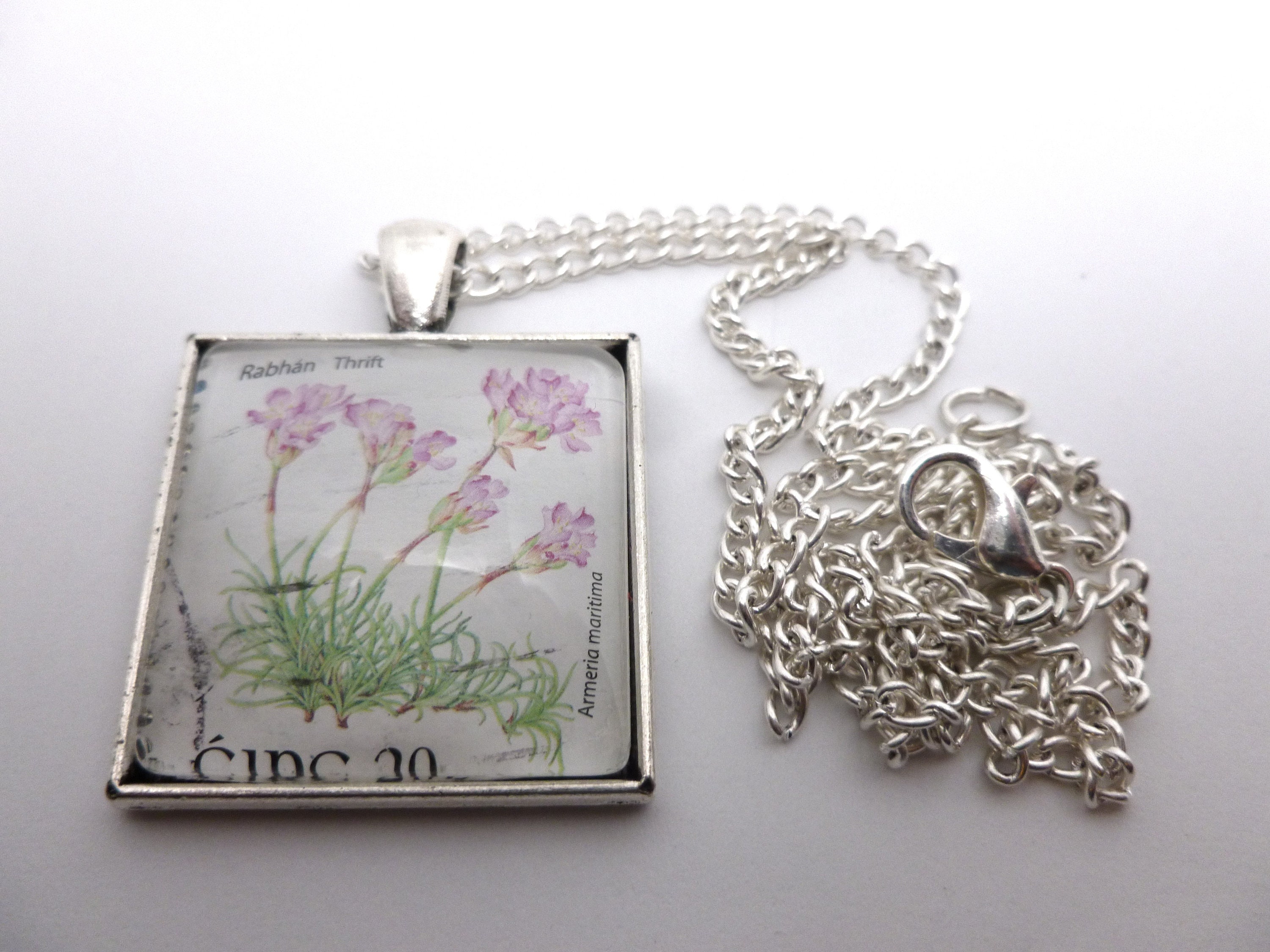 Thrift Wildflower Irish Postage Stamp Pendant Necklace One-off Unique ...