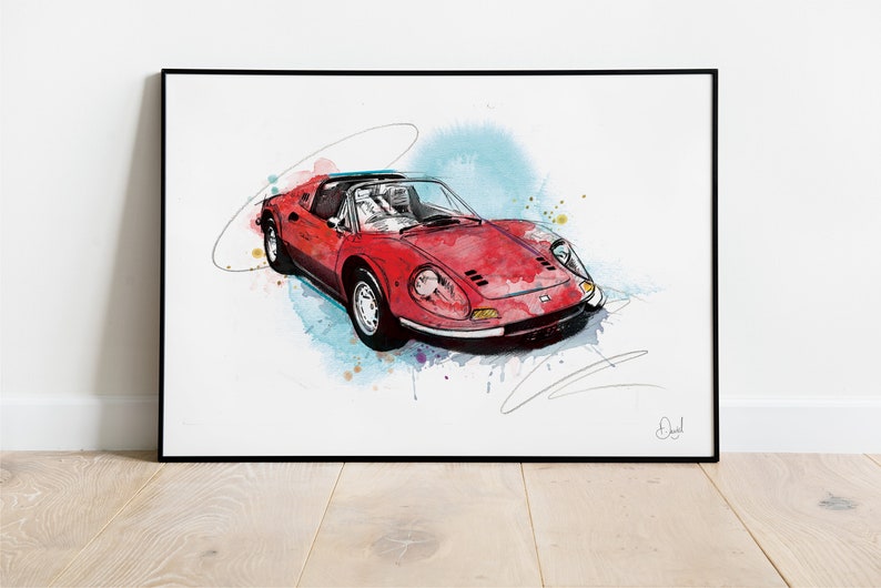 Ferrari Dino Classic Car Art Print, Illustration, Drawing, Watercolour ...