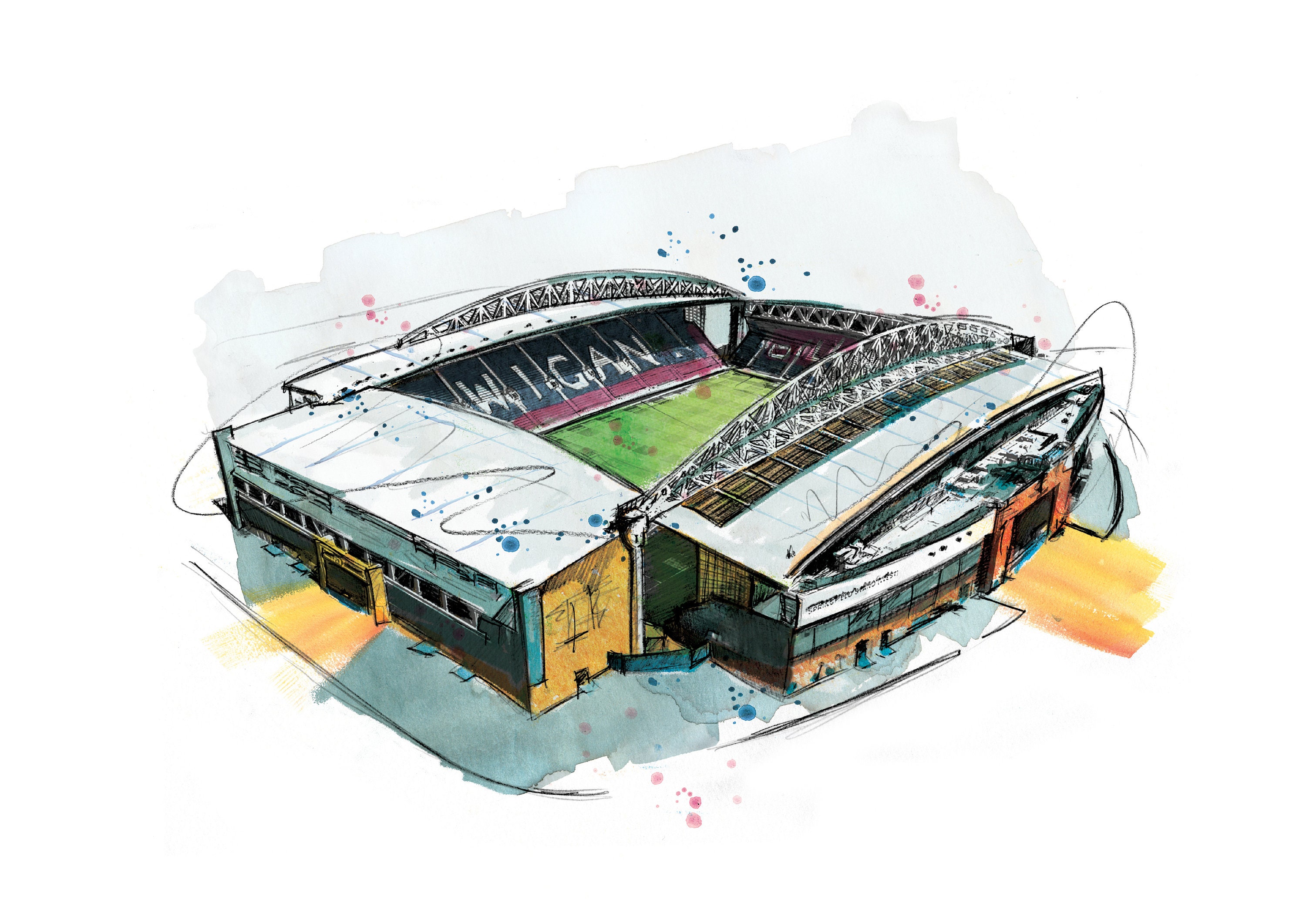 Wigan Athletic DW Stadium, Art Print, Illustration, Drawing ...
