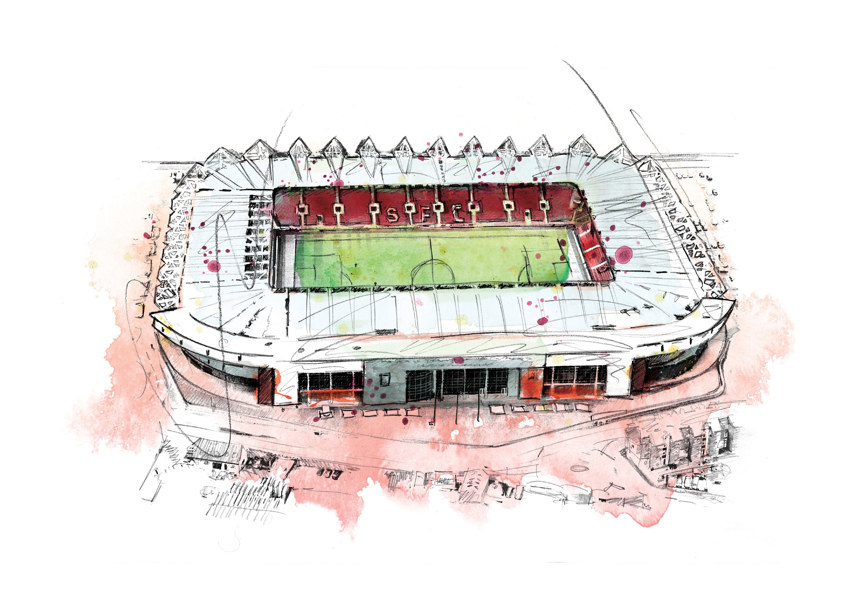 Southampton FC St Mary's Stadium, Art Print, Illustration, Drawing ...