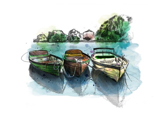 Home & Living River Thames Illustration Boats Drawing London Art Print ...