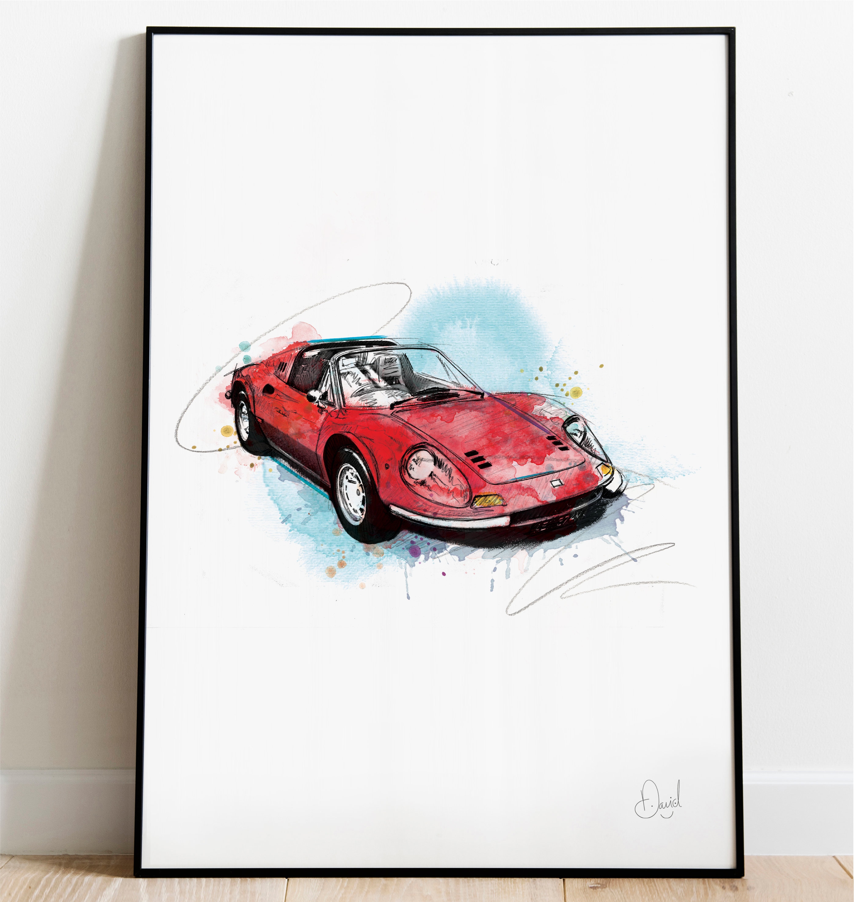 Ferrari Dino Classic Car Art Print, Illustration, Drawing, Watercolour ...
