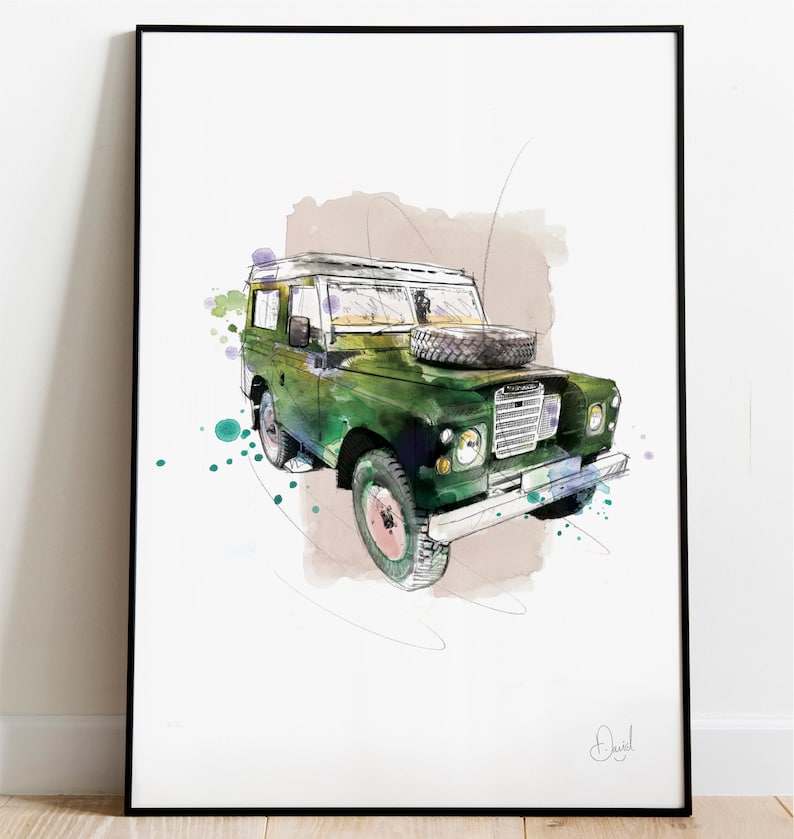 Land Rover Defender Art Print, Classic Car, Vintage Car, Illustration ...