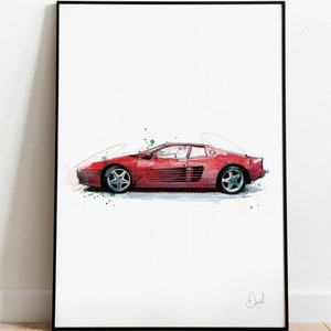 Ferrari Testarossa Classic Car Art Print, Illustration, Drawing ...