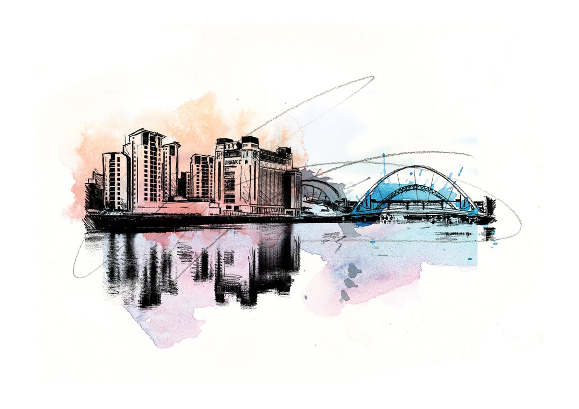 Quayside, Newcastle, Art Print, Illustration, Drawing, Watercolour ...