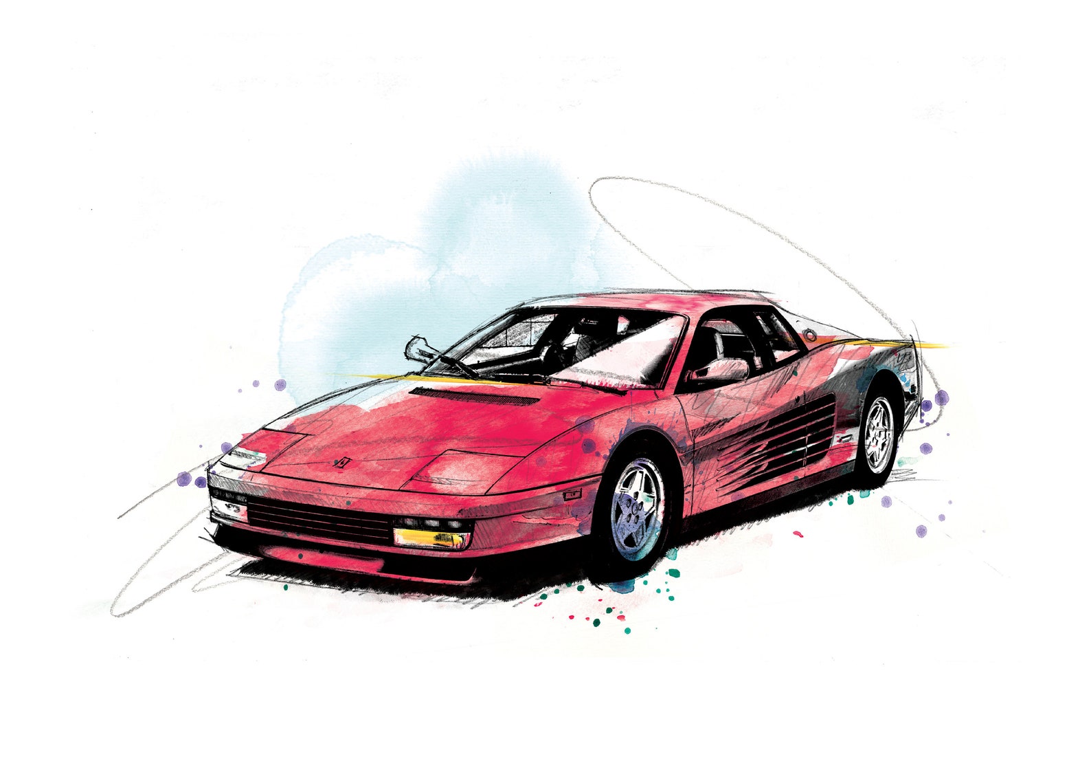 Ferrari Testarossa Classic Car Art Print, Illustration, Drawing ...