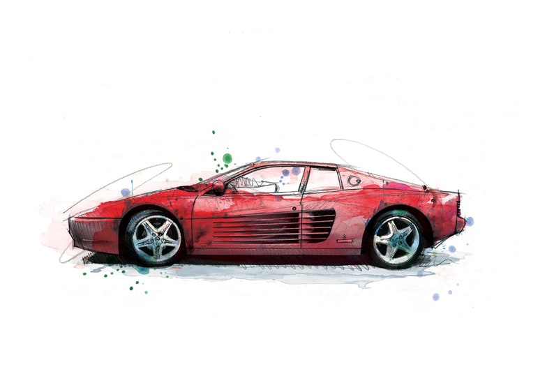 Ferrari Testarossa Classic Car Art Print, Illustration, Drawing ...