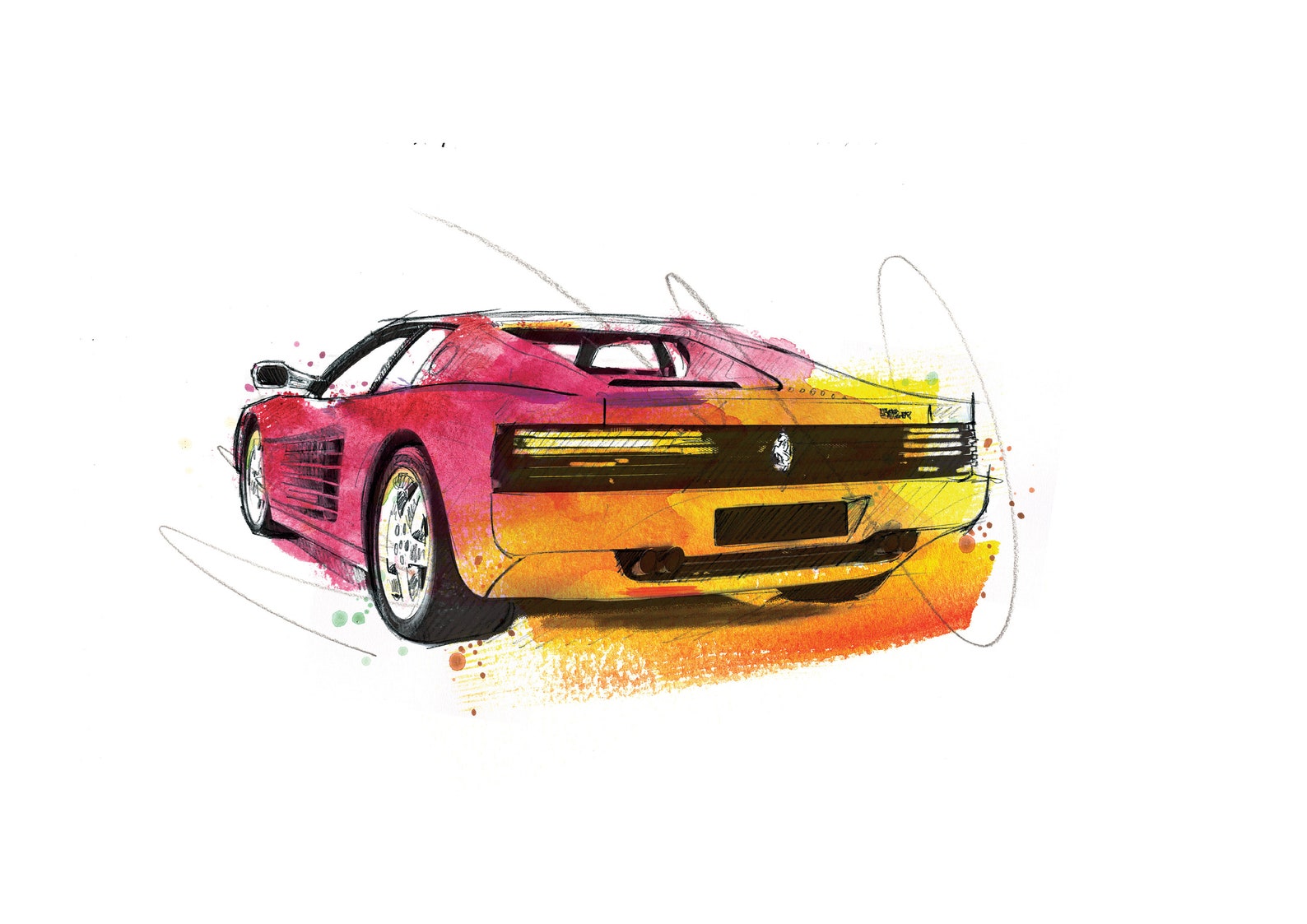 Ferrari Testarossa Classic Car Art Print, Illustration, Drawing ...