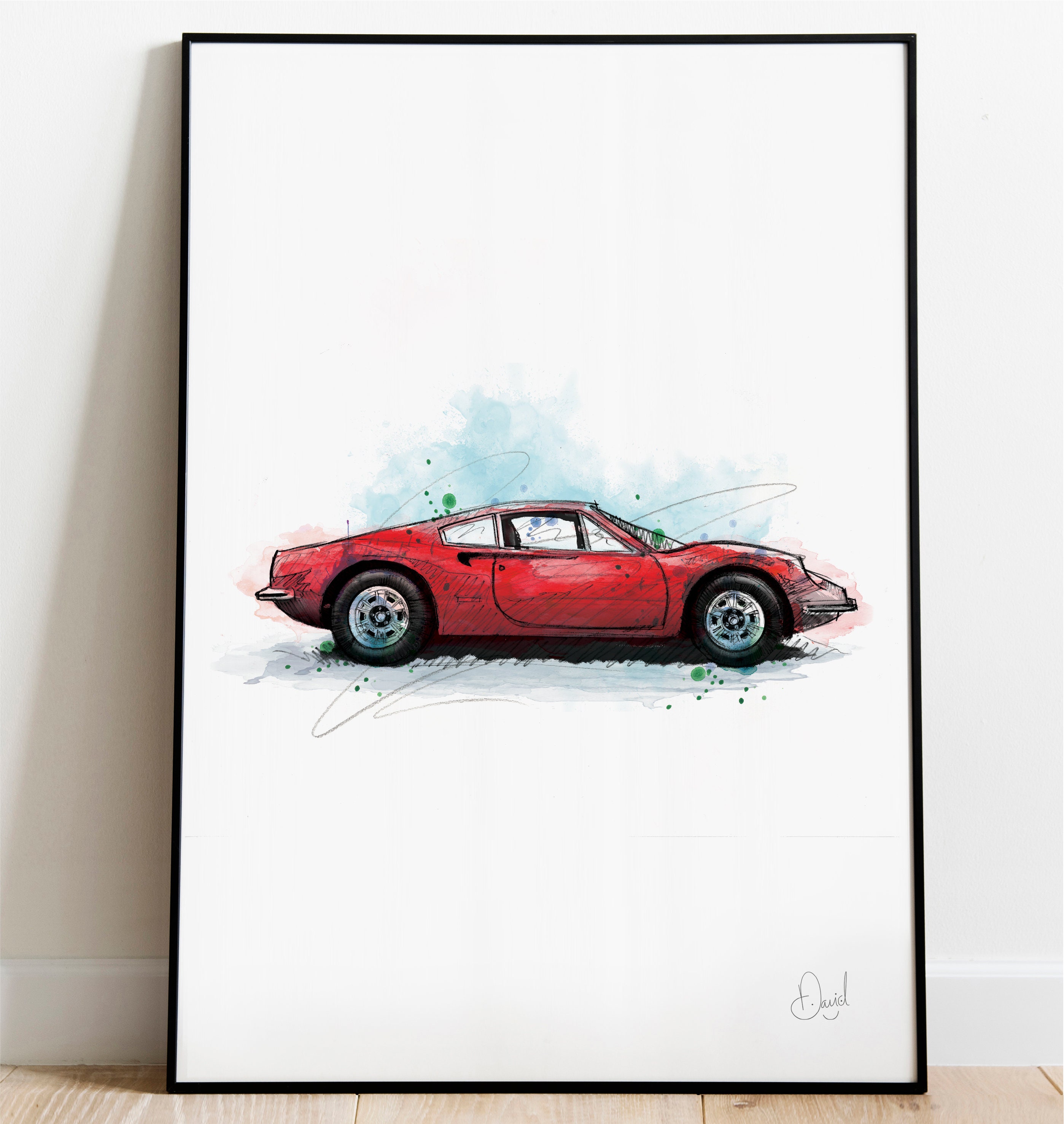 Ferrari Dino Classic Car Art Print, Illustration, Drawing, Watercolour ...