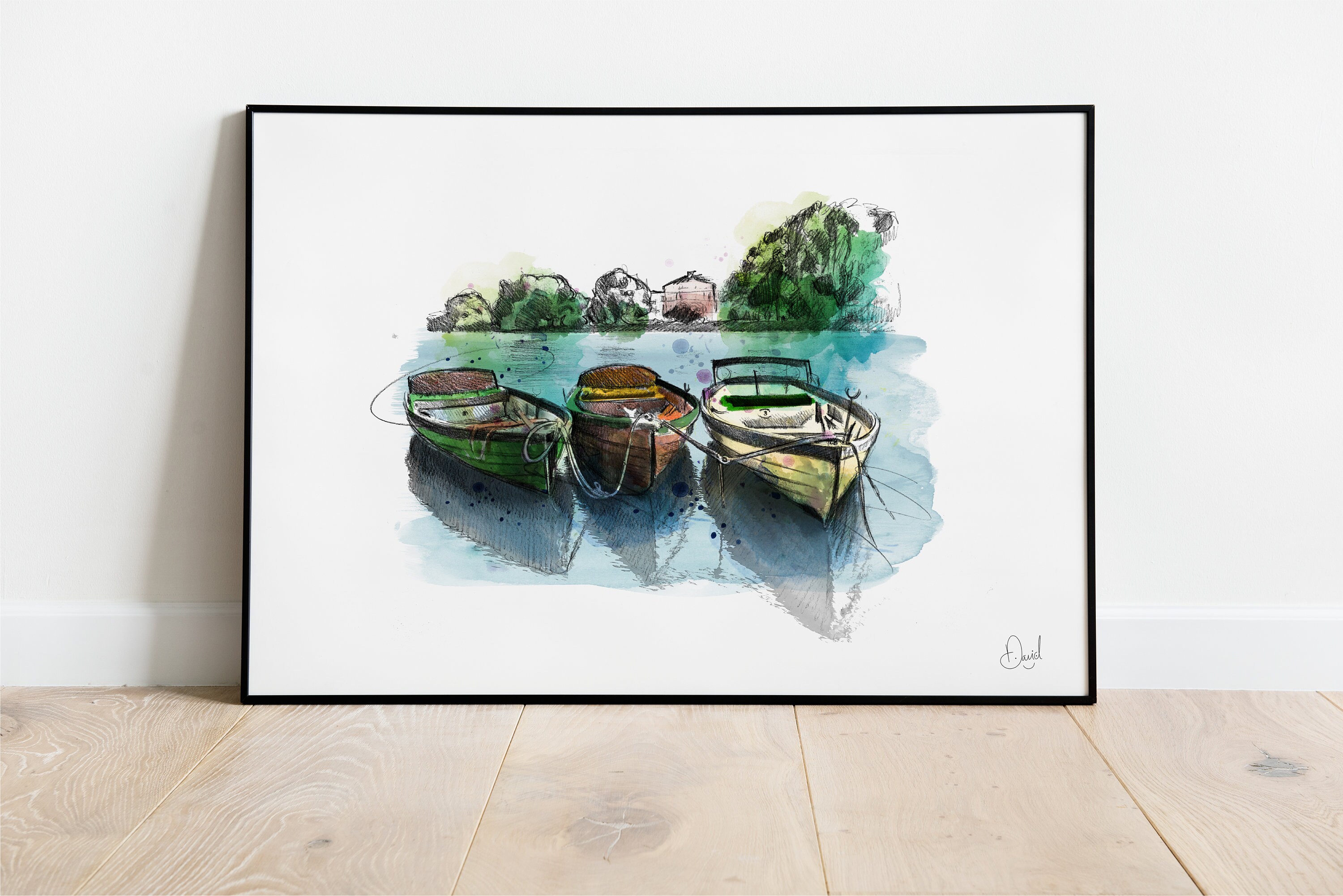 London Art Print, River Thames Illustration, Boats Drawing, Watercolour ...