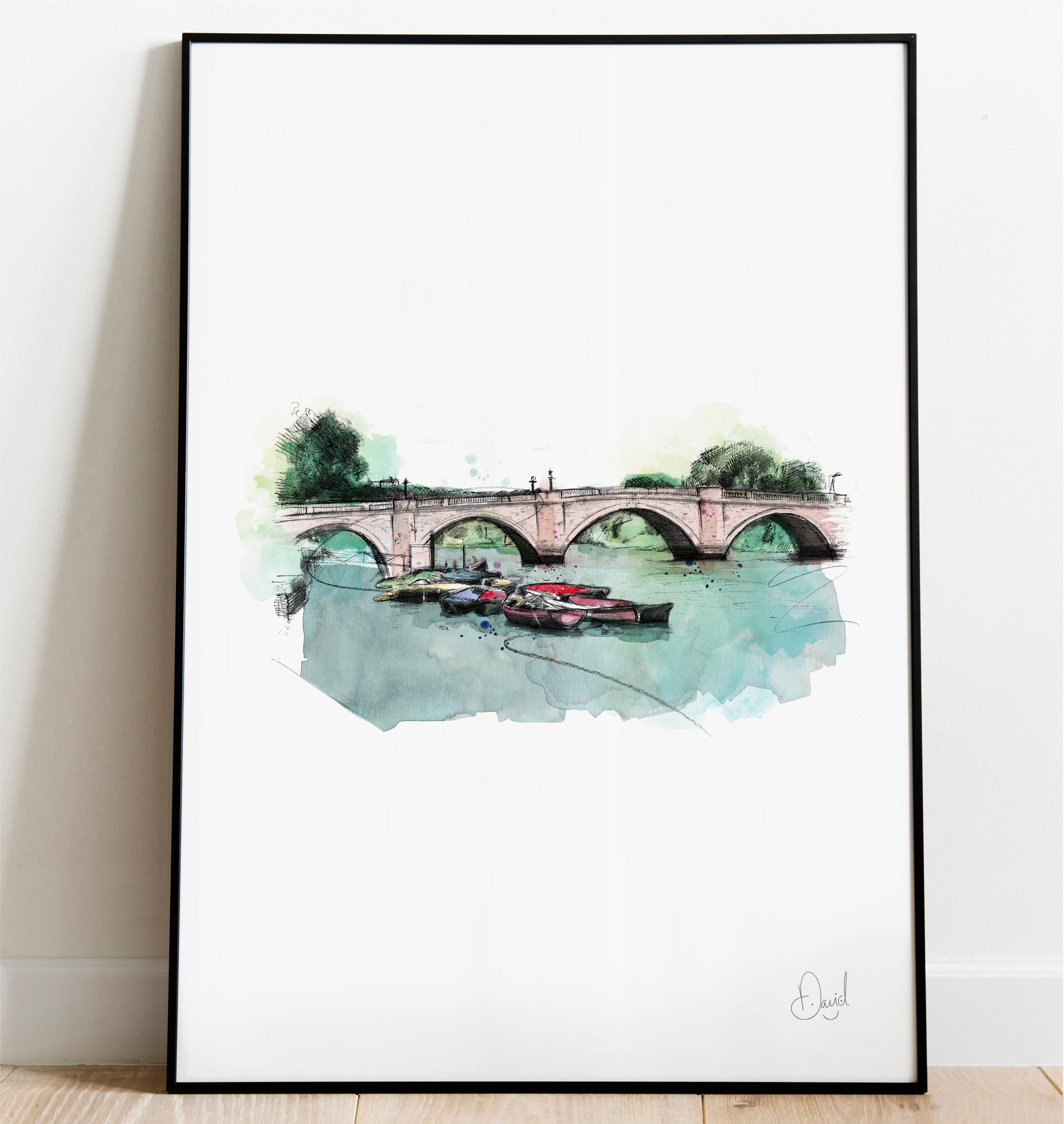 London Art Print, Richmond Bridge Illustration, Boats Drawing ...