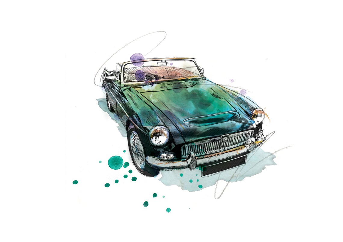 MG MGC Classic Car Art Print, Classic Car, Vintage Car, Illustration ...