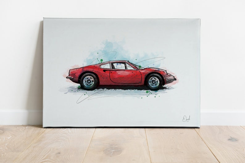 Ferrari Dino Classic Car Art Print, Illustration, Drawing, Watercolour ...