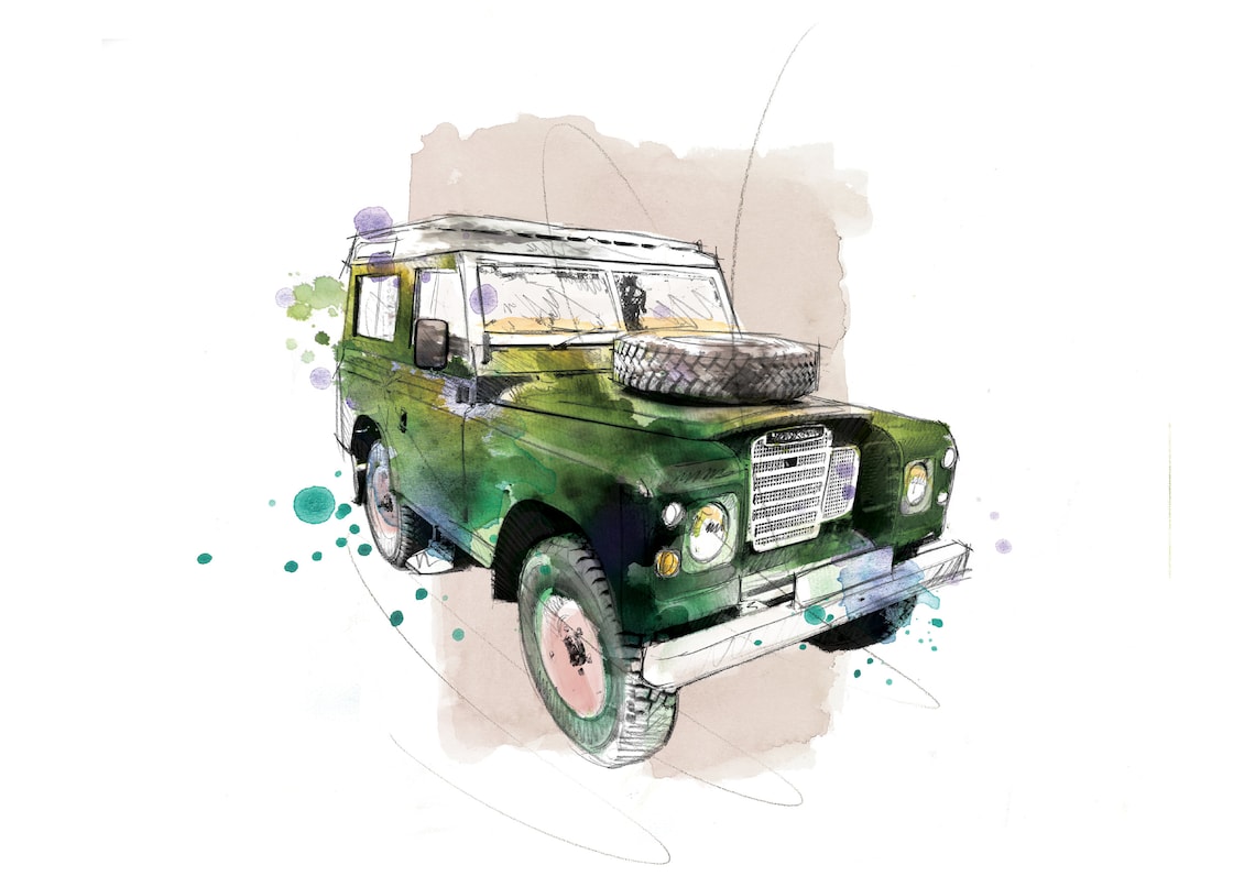 Land Rover Defender Art Print, Classic Car, Vintage Car, Illustration ...