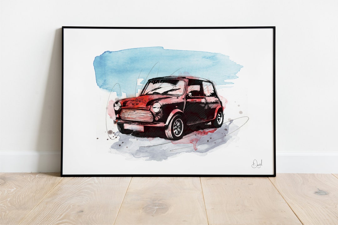 Mini Cooper Classic Car Art Print, Illustration, Drawing, Watercolour ...