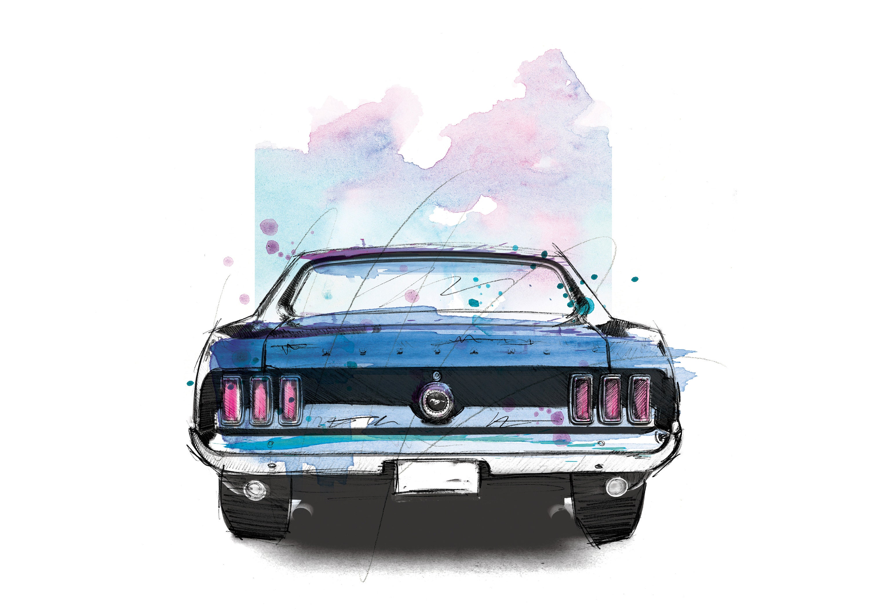 Ford Mustang Art Print, Classic, Car, Art Print, Illustration, Drawing ...