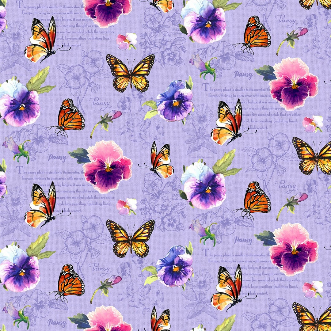 Purple Pretty Pansies Words Allover Butterfly and Flower Cotton Quilt ...