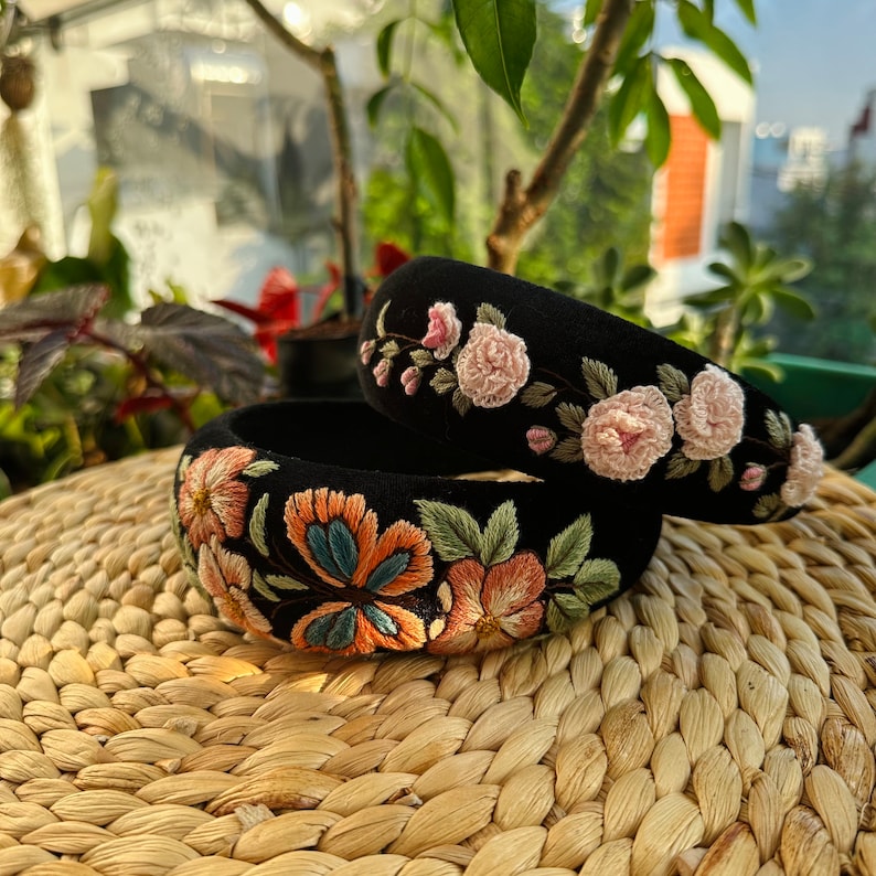 Hand Floral Embroidered Linen Headband | Bachelorette Linen Hair ...