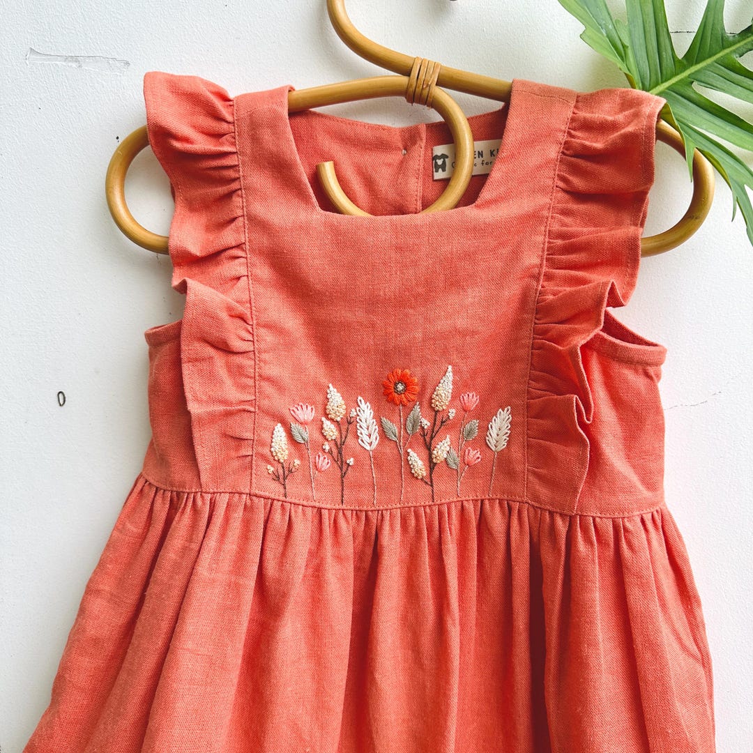 Custom Embroidered Linen Dress for Girls | Ruffle Sleeve Toddler Outfit ...