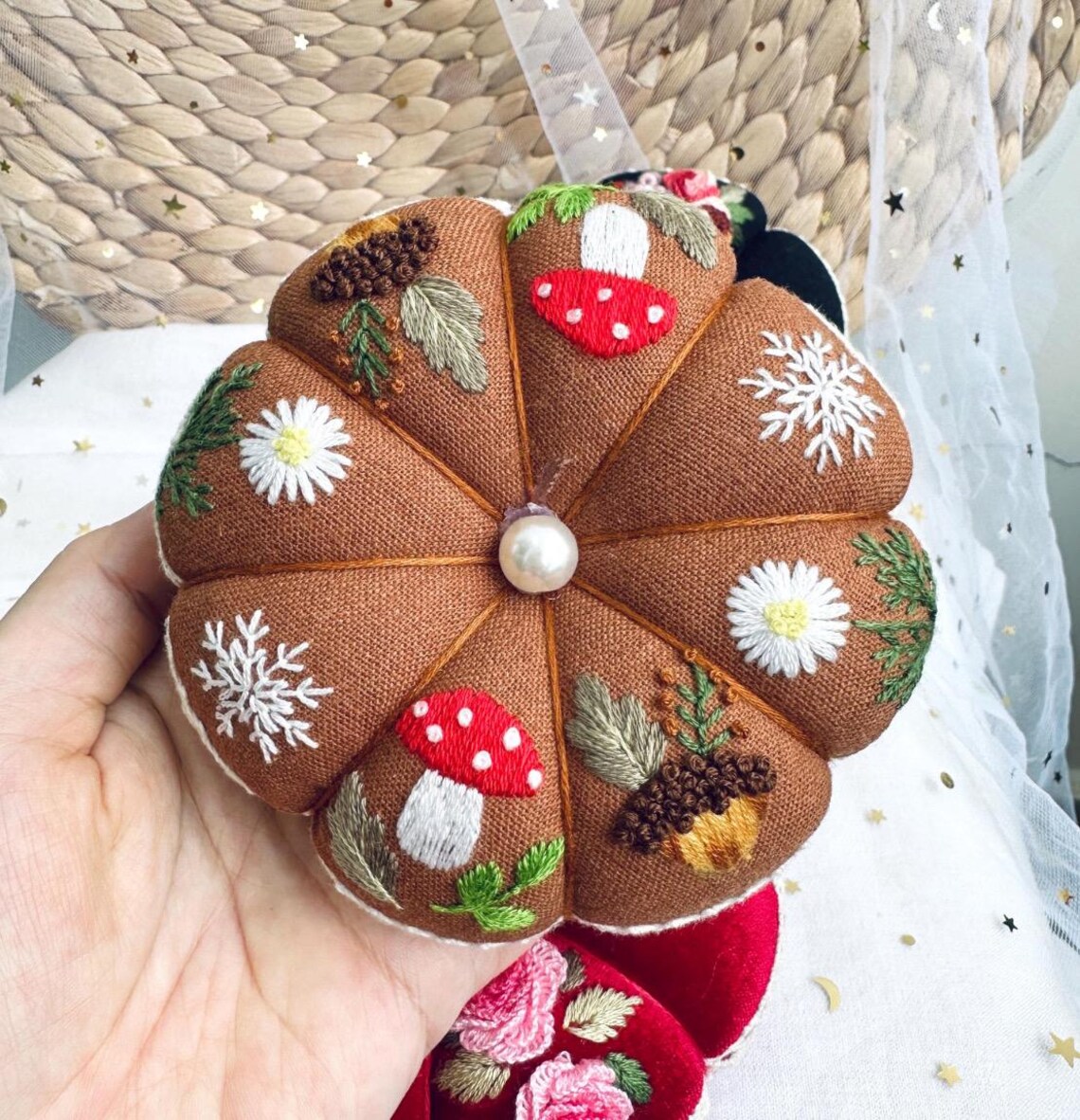Hand Embroidered Pin Cushion | Round Pumpkin Pincushion | Sewing Room ...