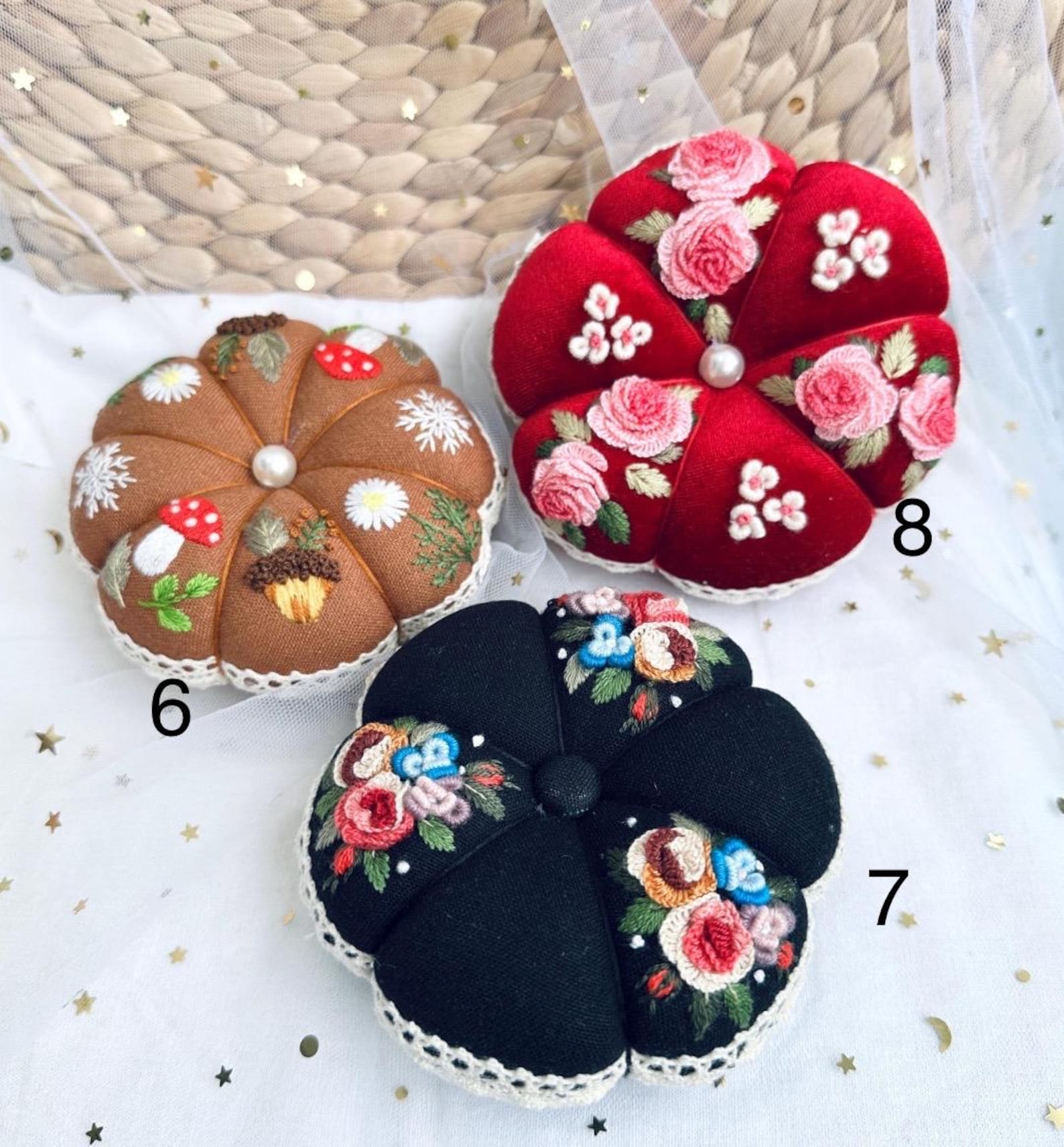 Hand Embroidered Pin Cushion | Round Pumpkin Pincushion | Sewing Room ...