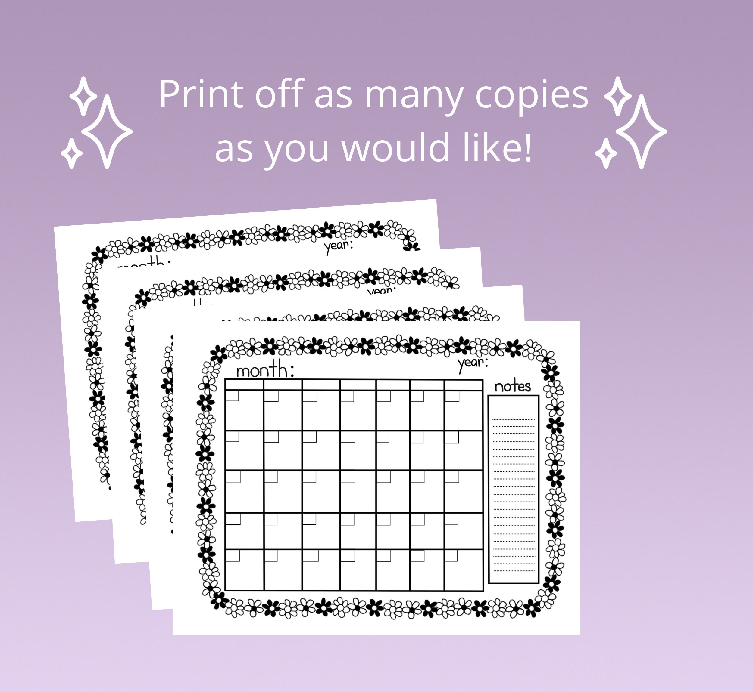 Floral Printable Undated Monthly Planner - Black and White Floral ...