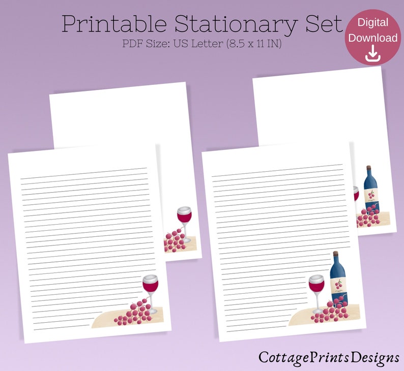 Wine and Grapes Printable Stationary Set - Bottled Wine Stationary Set ...