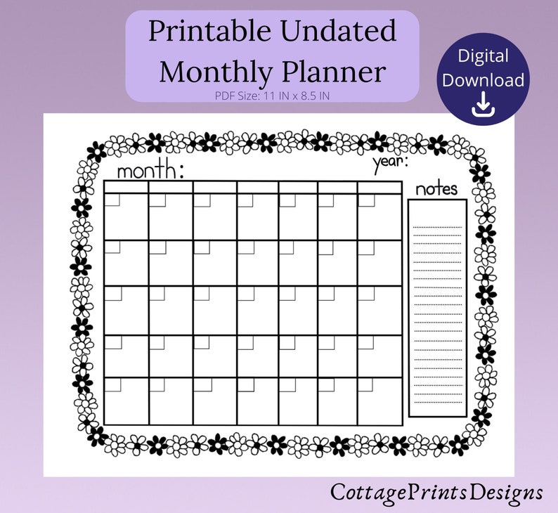 Floral Printable Undated Monthly Planner - Black and White Floral ...