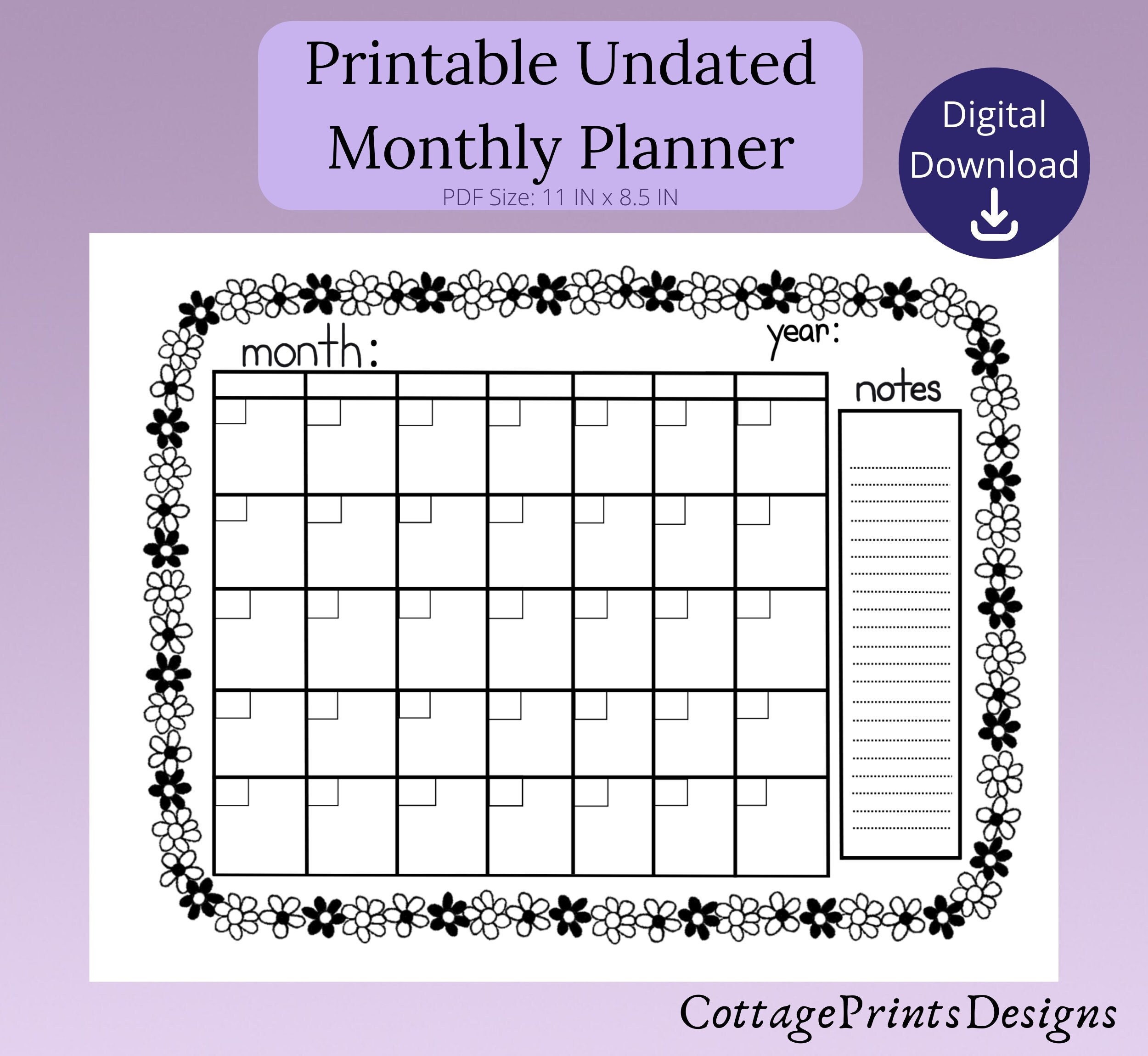 Floral Printable Undated Monthly Planner - Black and White Floral ...